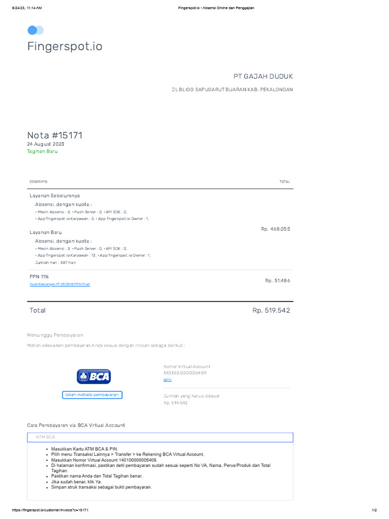 Tagihan Pembayaran Fingerspot.io | PDF