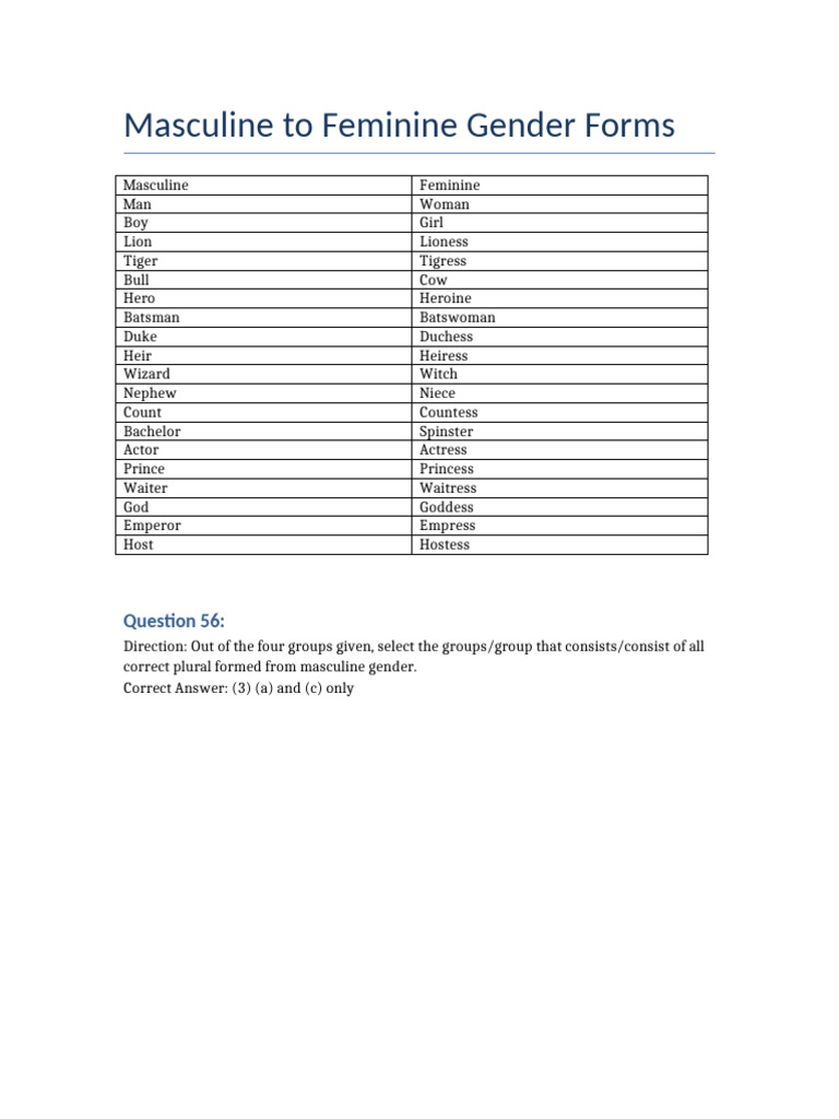 Masculine To Feminine Gender Forms With Q56 | PDF