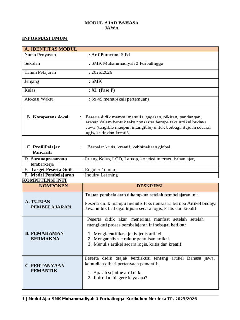 Modul Ajar Fase F Artikel Budaya Jawa | PDF