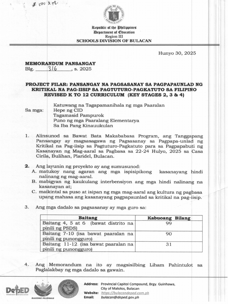 Division Memorandum No 316 S 2025 | PDF
