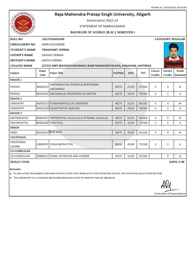 Semester Marksheet 1st - PDF D | PDF | Mathematics