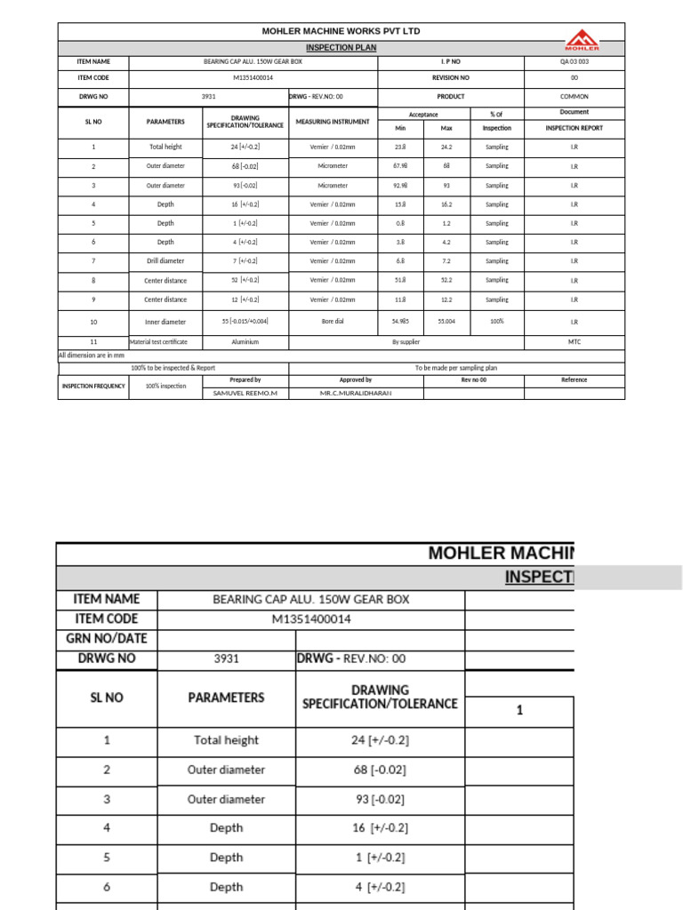 Bearing Cap Inspection Plan Report | PDF | Engineering Tolerance