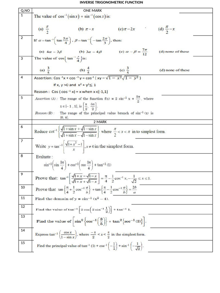 Inverse Trigonometric Test | PDF