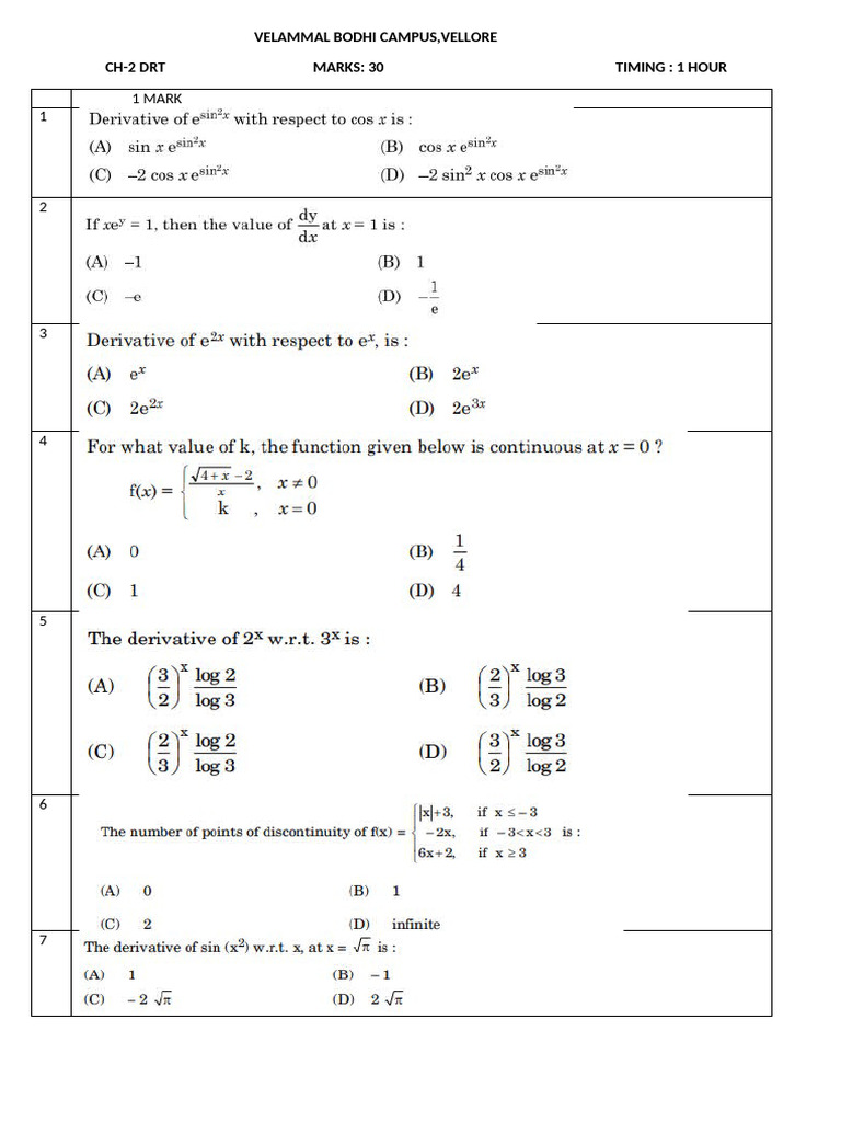 Velammal Bodhi Campus Exam Paper | PDF