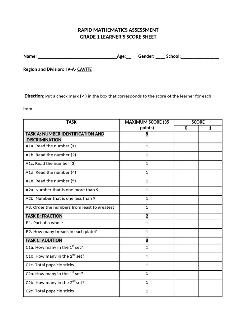 RMA2 - Grade 1 - Learner - S Score Sheet - 7 June 2024 - Final | PDF ...