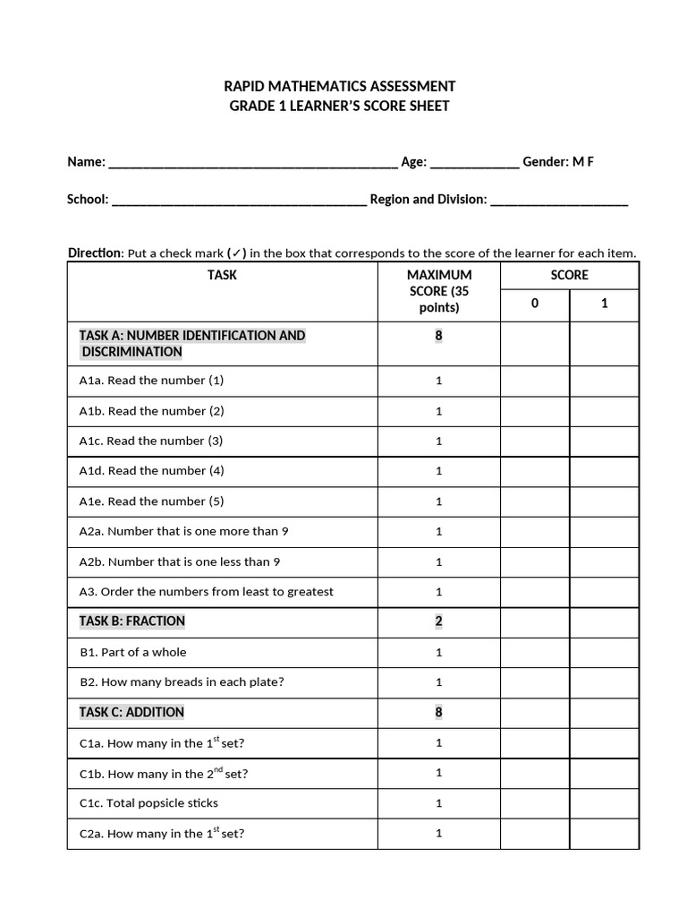 Grade 1 Rapid Math Assessment Score Sheet | PDF | Mathematics