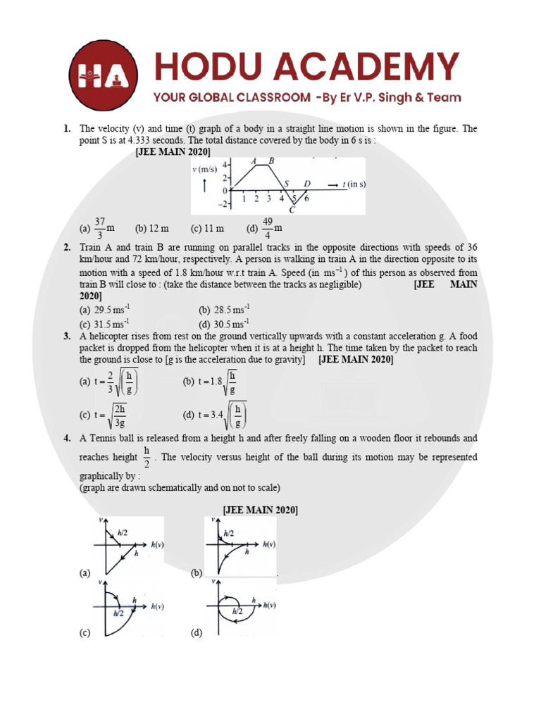 Motion in A Straight Line JEE Previous Year Questions With Solutions | PDF | Acceleration | Speed