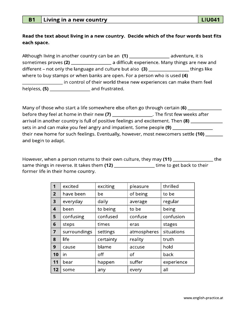 Living in A New Country Cloze Exercise | PDF