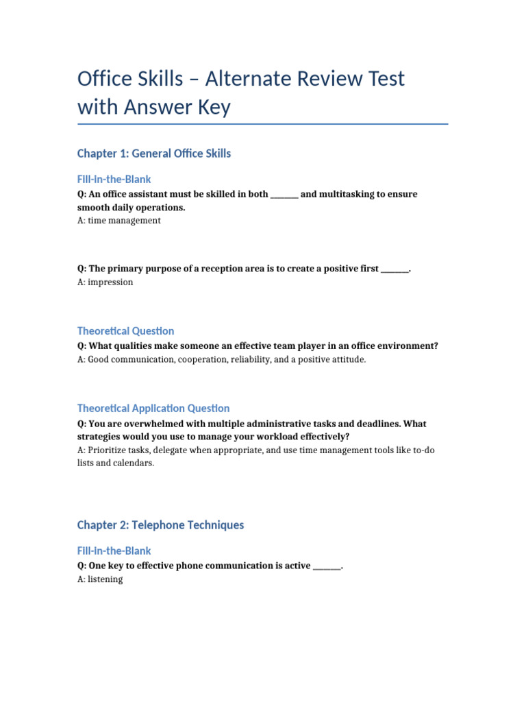Office Skills Test with Answers | PDF | Telephone | Communication