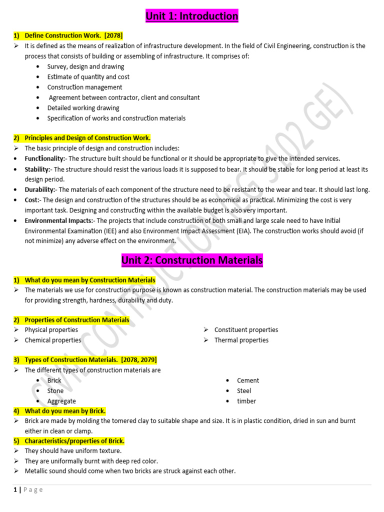 Civil Construction and Quantity Survey - Mini Notes-1 | PDF | Concrete ...