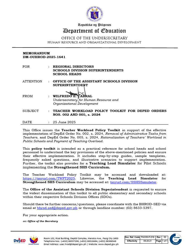 (Dm-Ouhrod-2025-1641) Teacher Workload Policy Toolkit For Deped Orders ...
