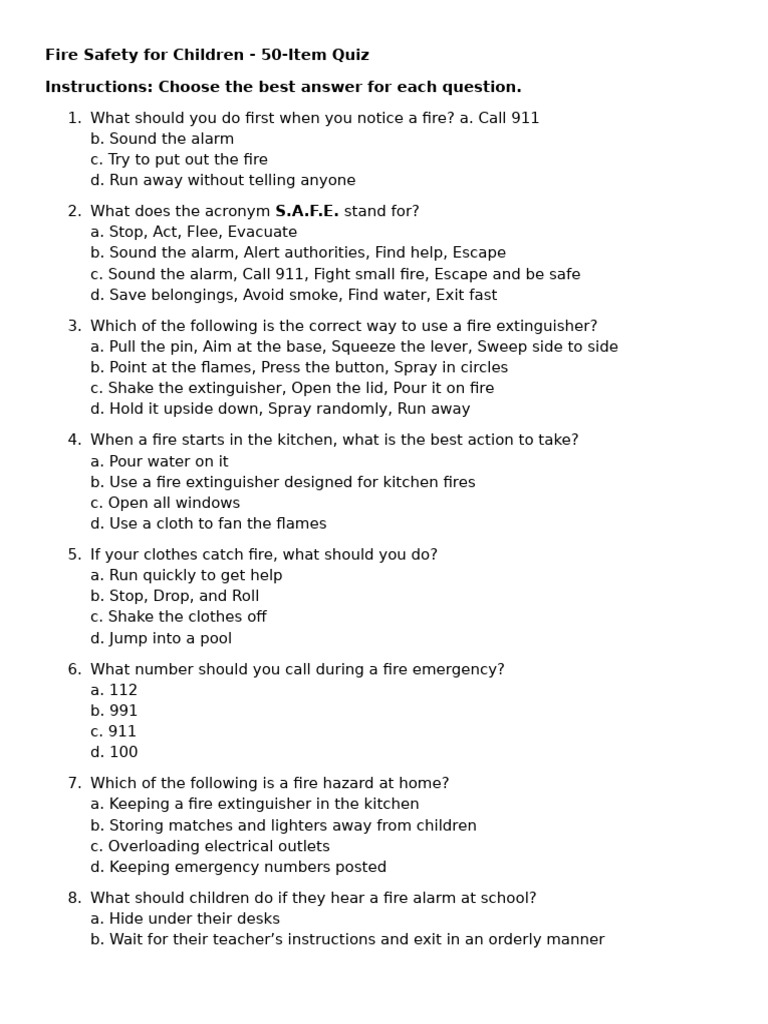 Kids' Fire Safety Quiz: 50 Questions | PDF | Fire Safety | Fires