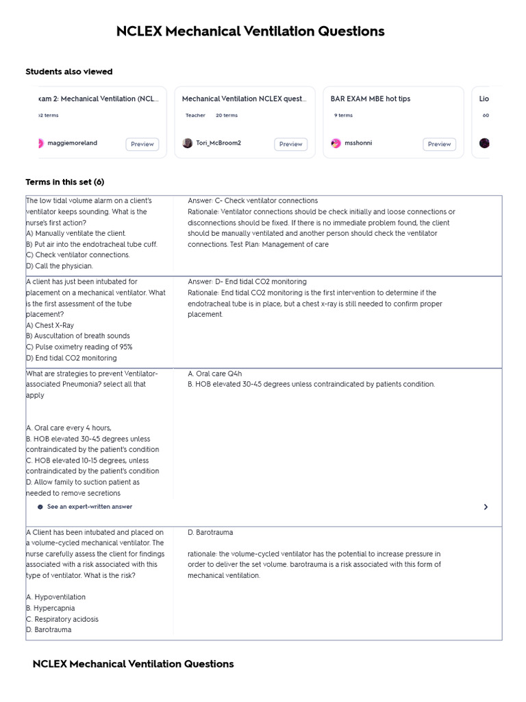 NCLEX Mechanical Ventilation Questions Flashcards - Quizlet | PDF ...