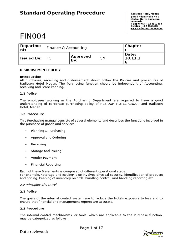 Radisson Medan Disbursement Policy Guide | PDF | Expense | Inventory