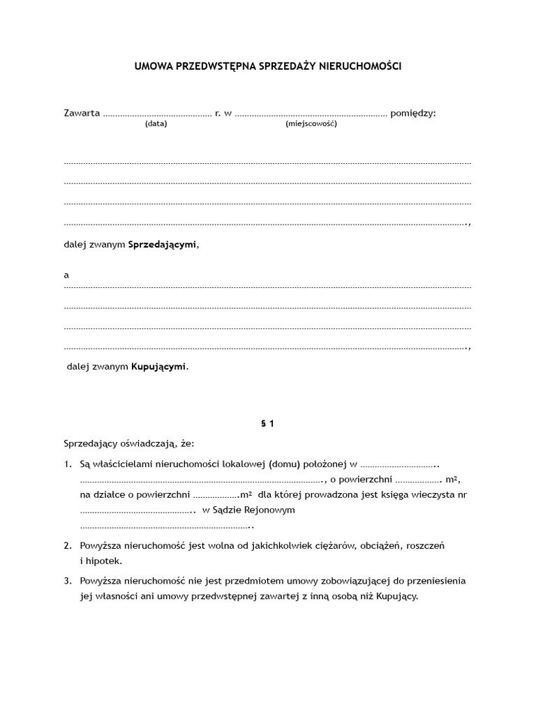 Umowa Przedwstepna Sprzedazy Nieruchomosci Wzor 2 | PDF