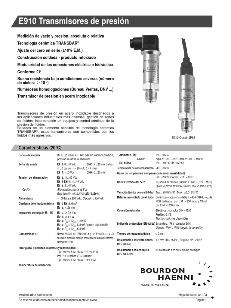 Transmisor de presión E913 Bourdon Haenni | PDF | Ingeniería mecánica ...
