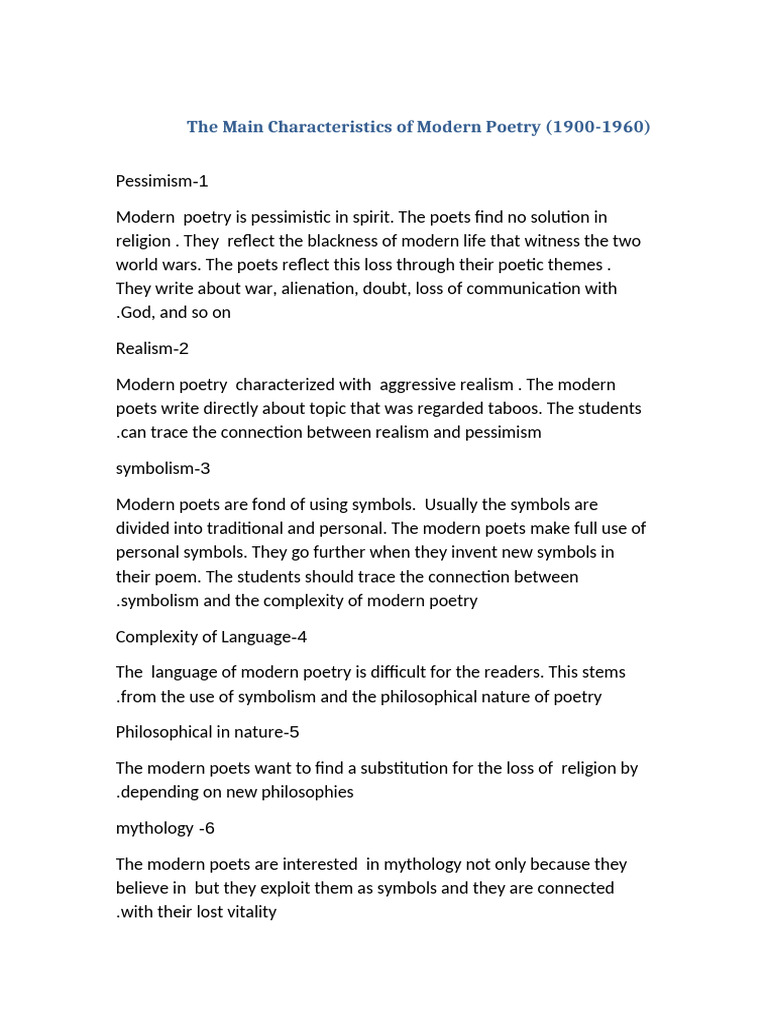 The Main Characteristics of Modern Poetry | PDF