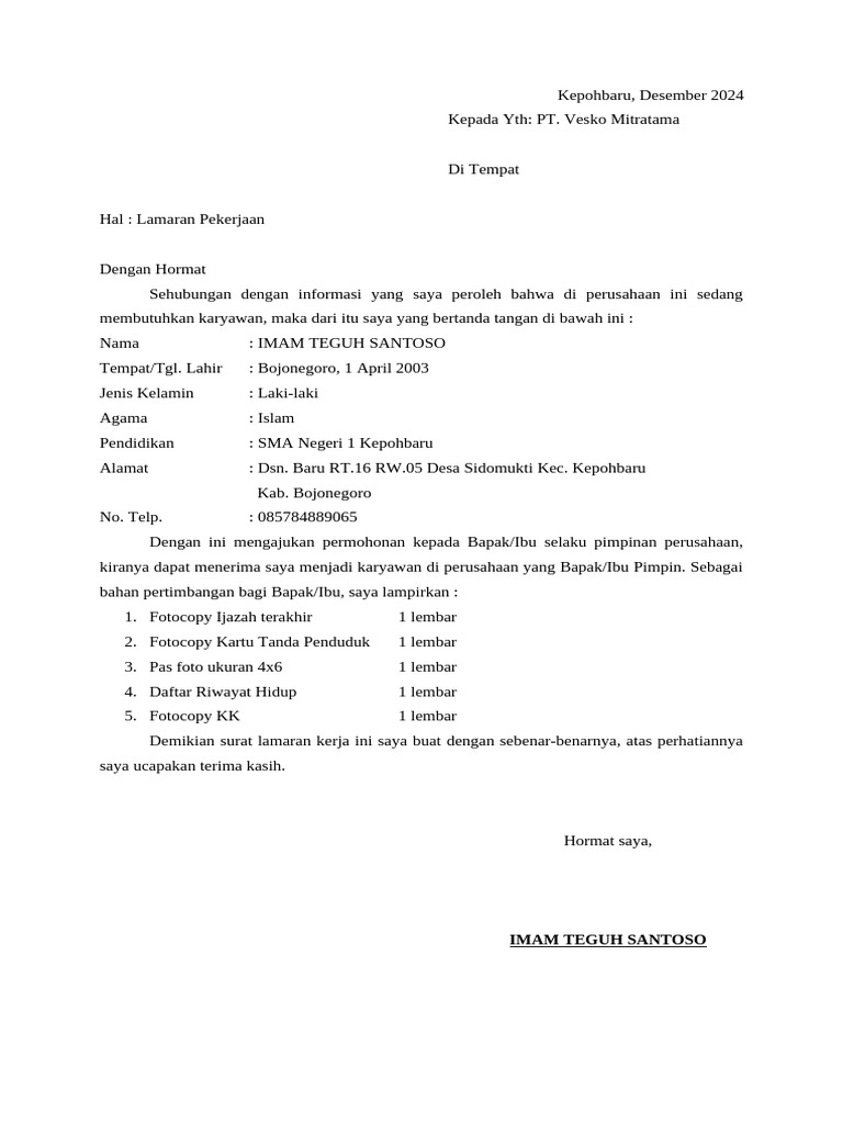 Lamaran Kerja Imam Teguh Santoso | PDF