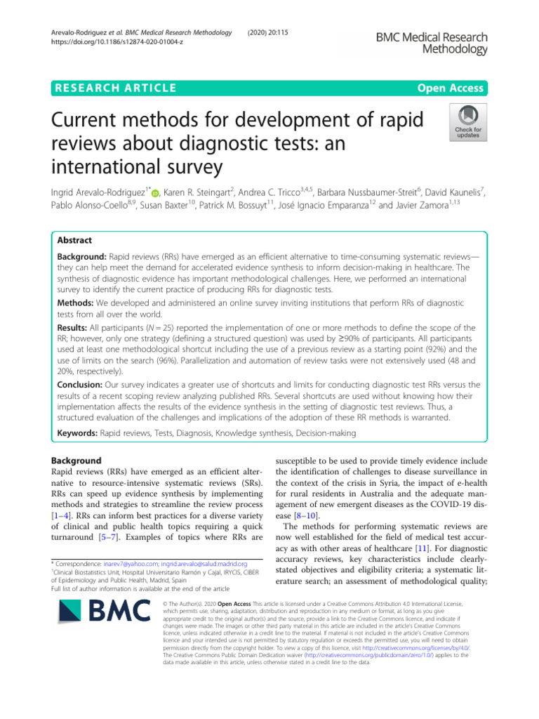 Current Methods For Development of Rapid Reviews About Diagnostic Tests ...