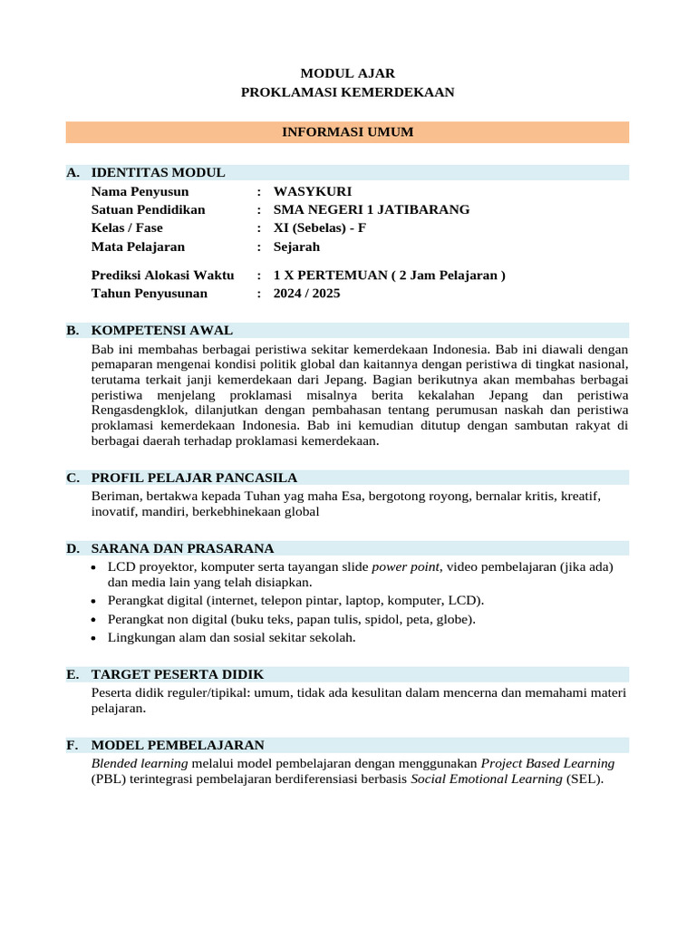 Modul Ajar Sejarah Proklamasi Kemerdekaan | PDF