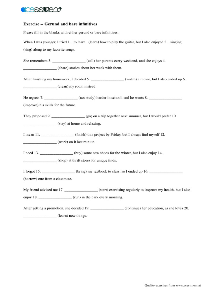 Exercise - Gerund and Bare Infinitives - cd2bc | PDF