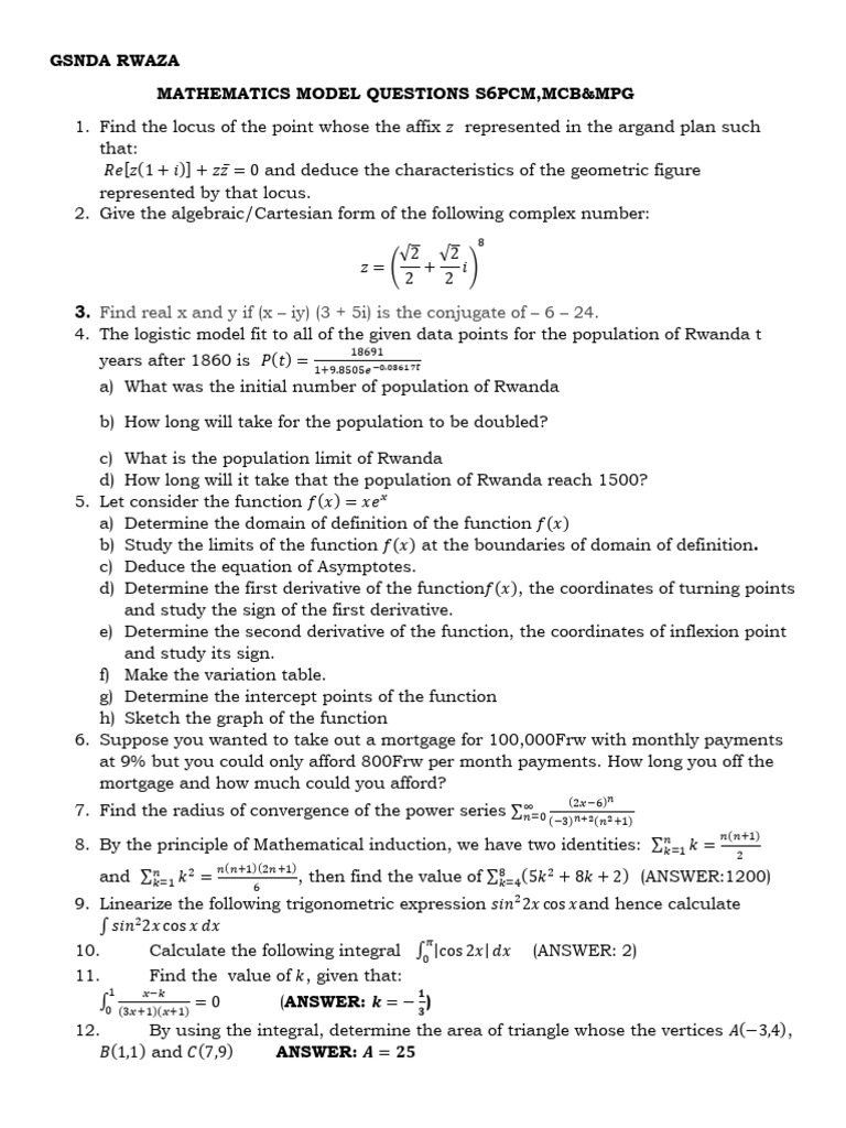 Mathematics Model Questions | PDF | Linear Map | Ellipse