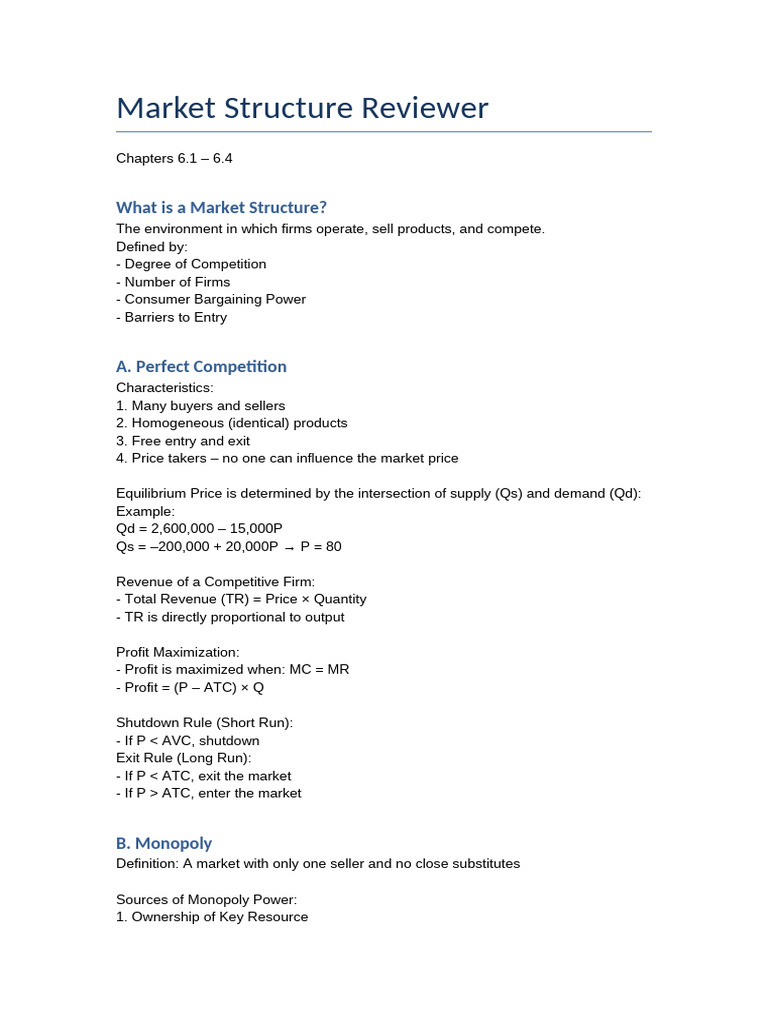 Market Structure Reviewer | PDF | Monopoly | Market Power