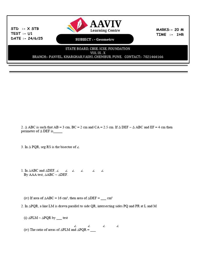 Geometry Test on Similarity Concepts | PDF | Euclid | Elementary ...