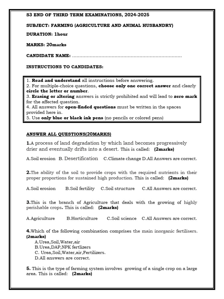 S3 Farming Exam Term Iii 2025 | PDF | Soil | Agriculture