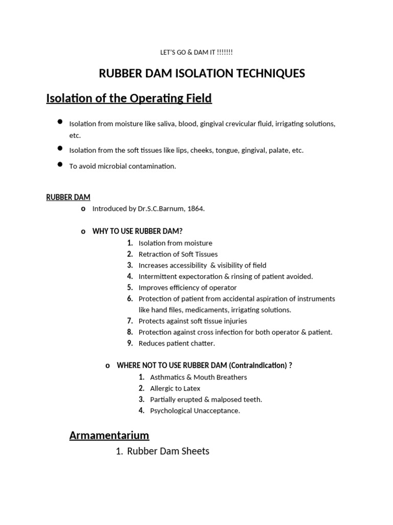 Rubber Dam Isolation Techniques Guide | PDF