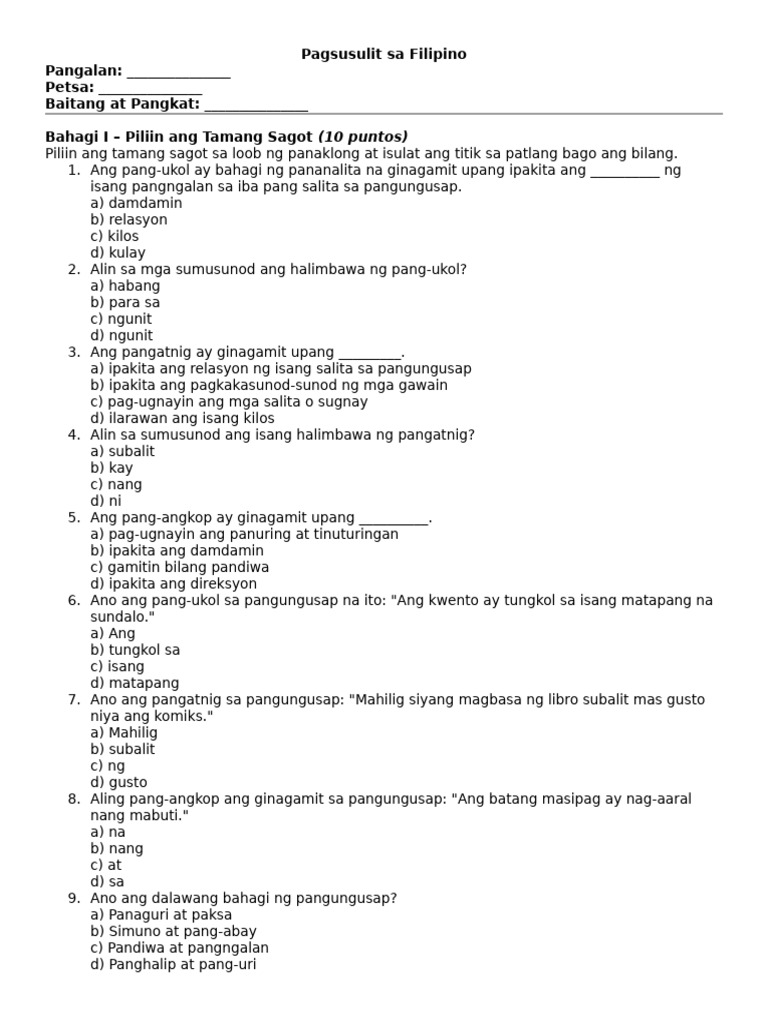 Pagsusulit Sa Filipino | PDF