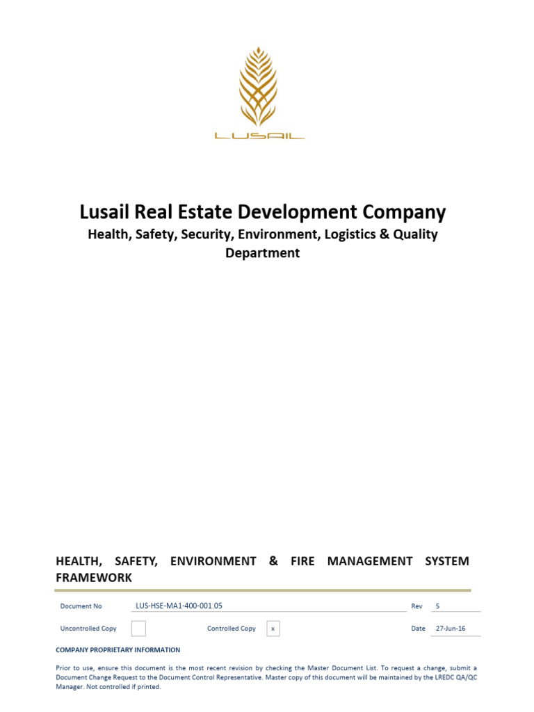 LUS-HSE-MA1-400-001.05 - Lusail HSE Fire Management System Framework | PDF | Occupational Safety ...