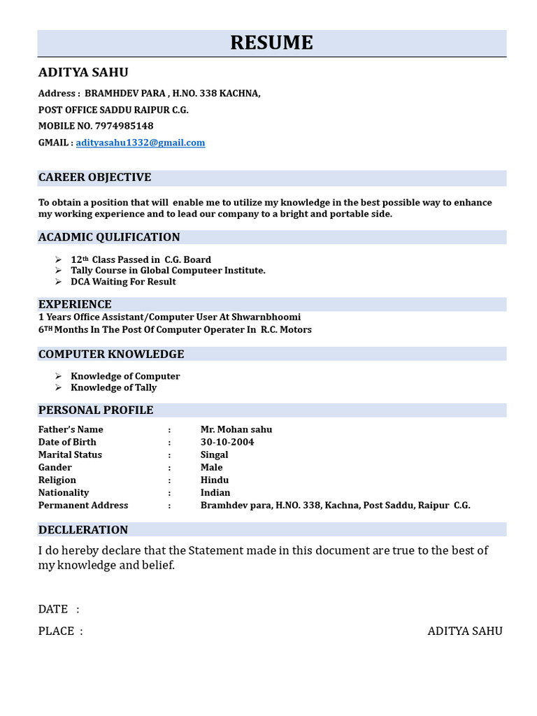 Resume: Aditya Sahu | PDF