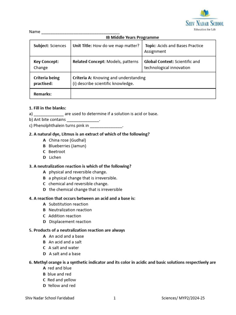 Acids and Bases Practice Assignment | PDF | Acid | Chemical Reactions