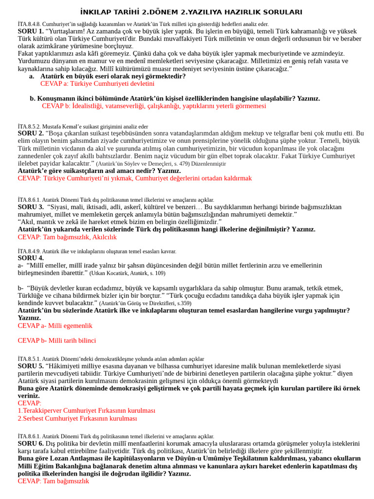 İnkilap Tari̇hi̇ 2.dönem 2.yaziliya Hazirlik Sorulari | PDF