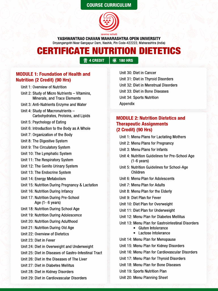 Ycmou Certificate Nutrition Dietetics Syllabus | PDF