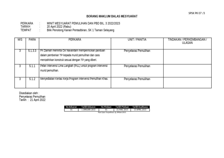 Borang Maklum Balas Mesyuarat Pemulihan Bil 3 2022 2023 | PDF