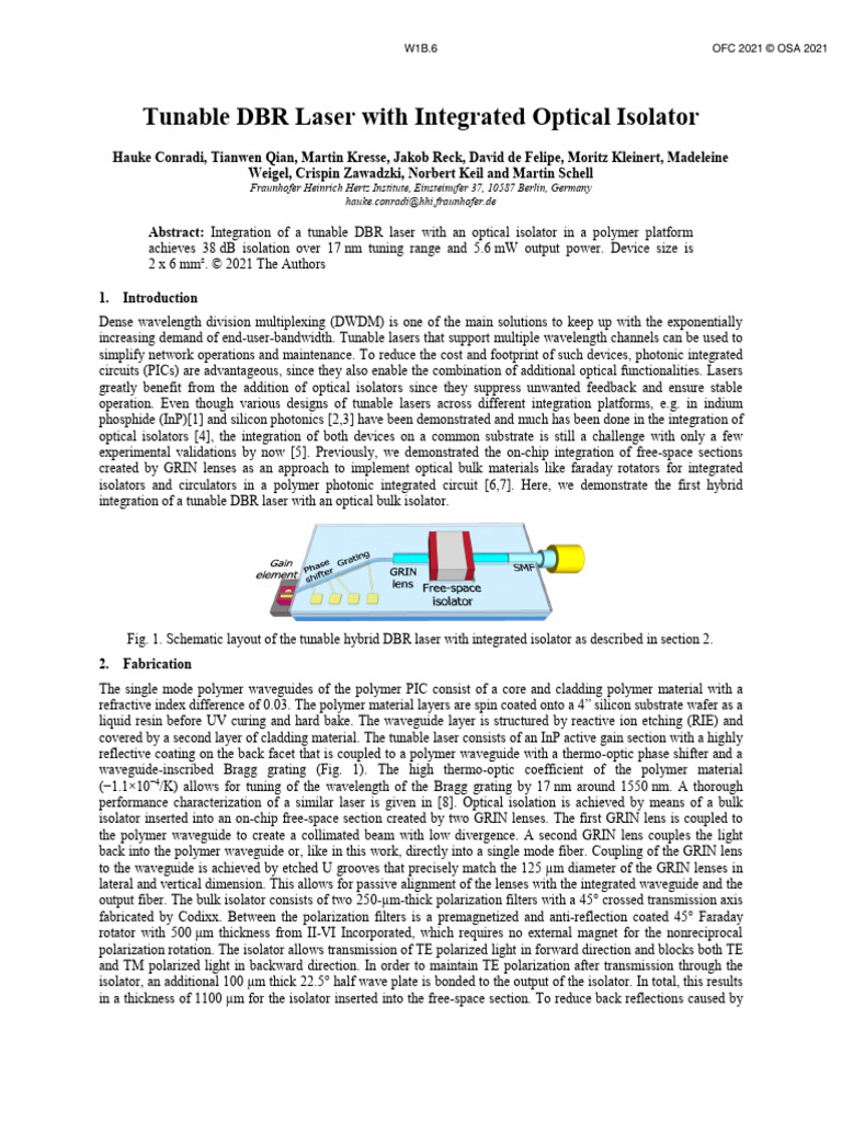 Tunable DBR Laser With Integrated Optical Isolator | PDF | Optical Fiber | Laser