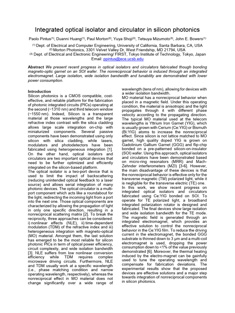 Integrated Optical Isolator and Circulator in Silicon Photonics | PDF ...