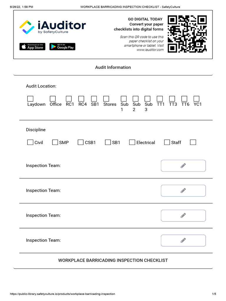 Workplace Barricading Inspection Checklist - Safetyculture | PDF
