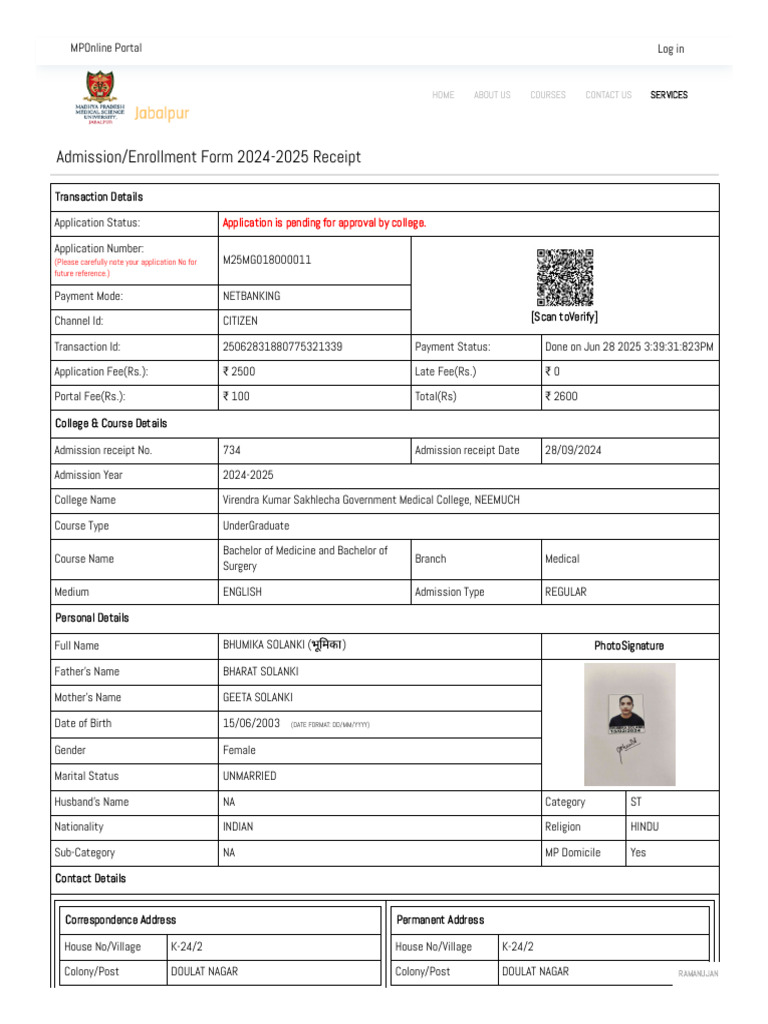 Admission - Enrollment Form Receipt | PDF