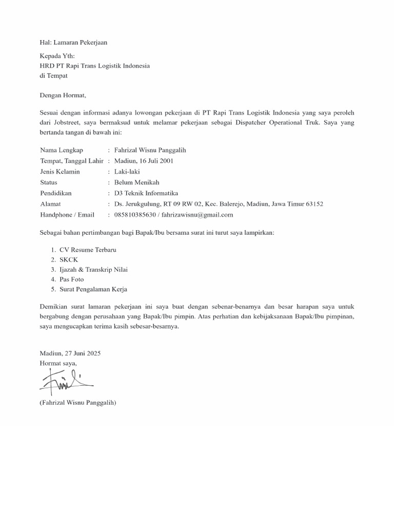 Lamaran-PT Rapi Trans Logistik Indonesia - Signed | PDF