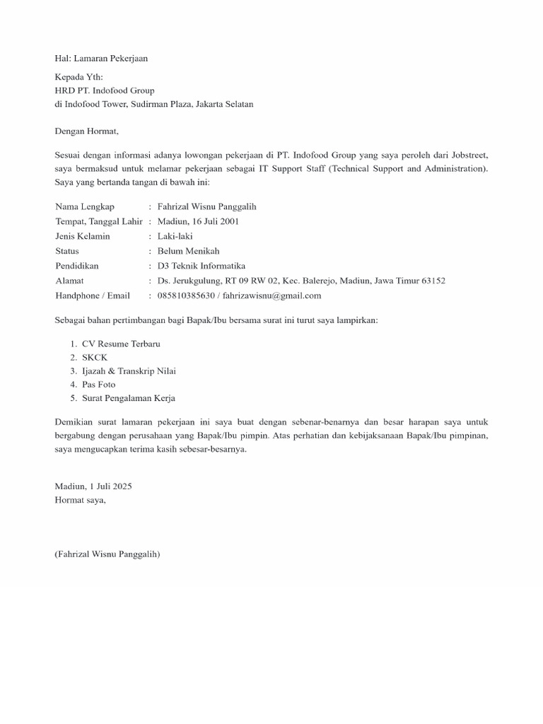 Lamaran-PT. Indofood Group | PDF