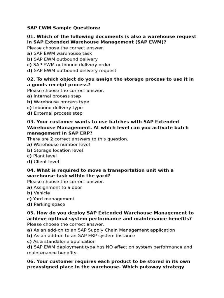 SAP EWM Certification Sample Questions | PDF | Warehouse | Supply Chain ...