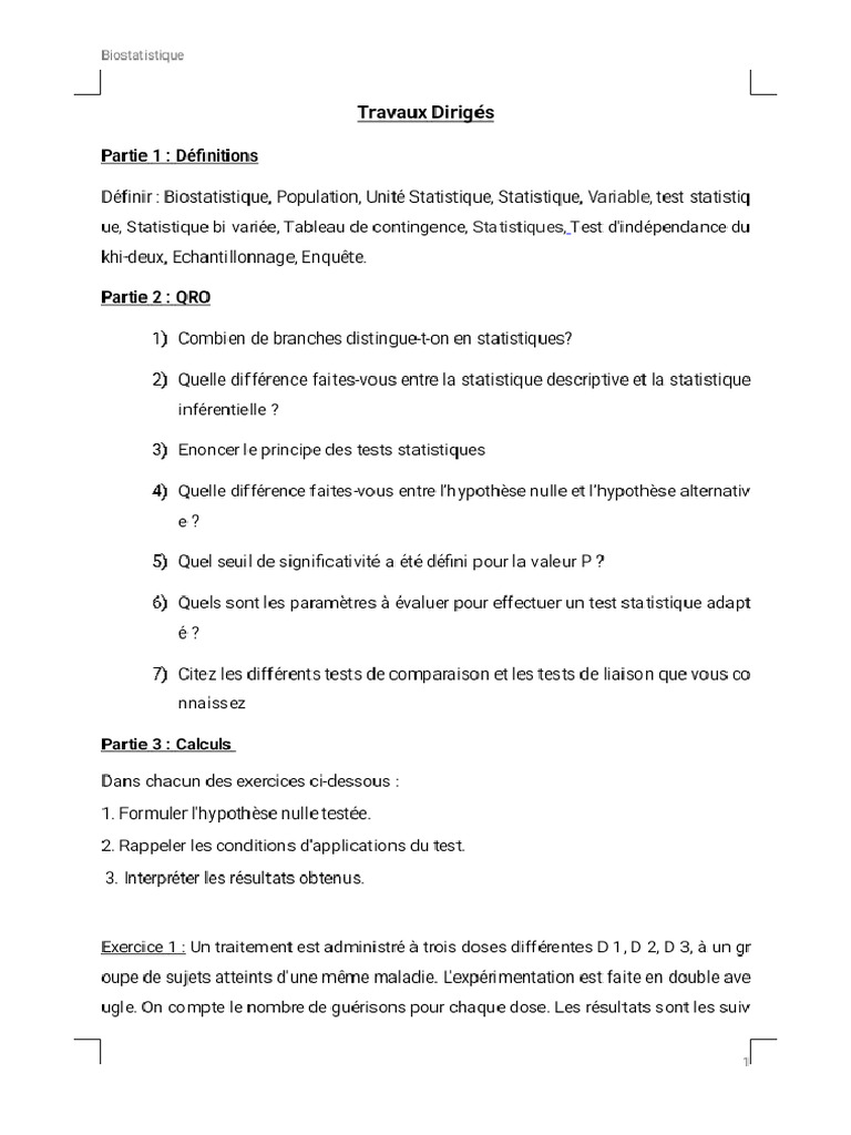 Travaux Dirigés Biostat - Phoenix | PDF