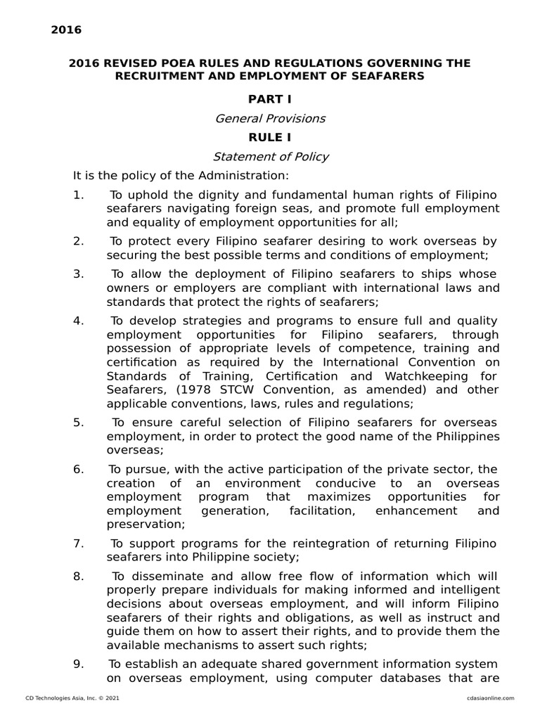 Of The 2016 Revised POEA Rules and Regulations Governing The Recruitment and Employment of ...