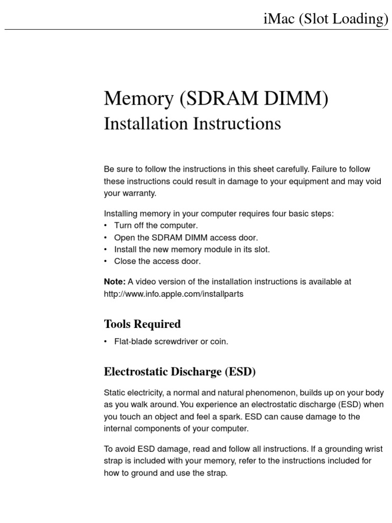 Memory (SDRAM DIMM) : Installation Instructions | PDF | Electrostatic ...