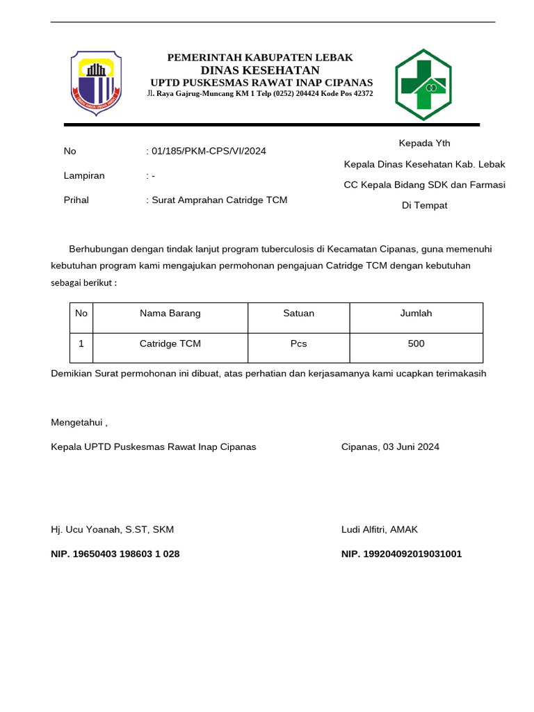 Surat Permohonan Catridge TCM | PDF