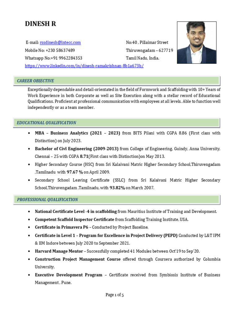 CV - Dinesh R - Head - Formwork - Mauritius Metro | PDF | Civil ...