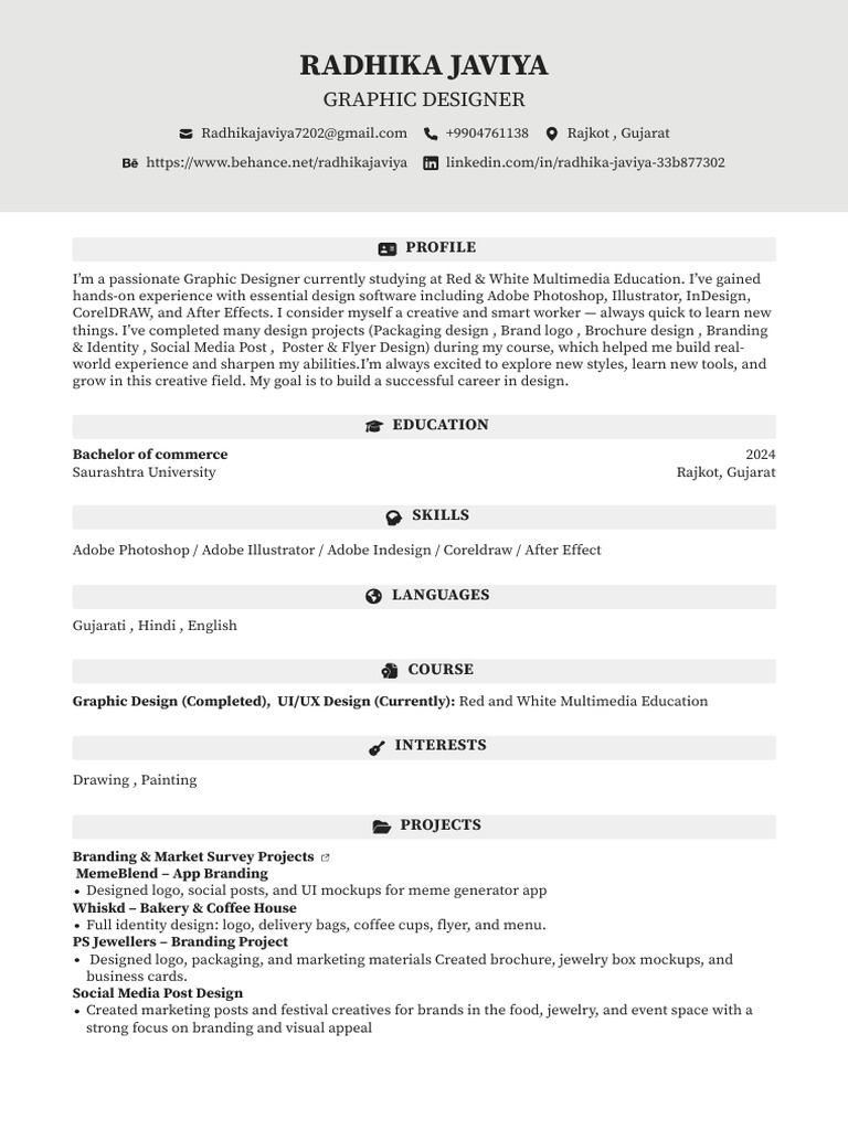 Creative Graphic Design CV of Radhika Javiya | PDF